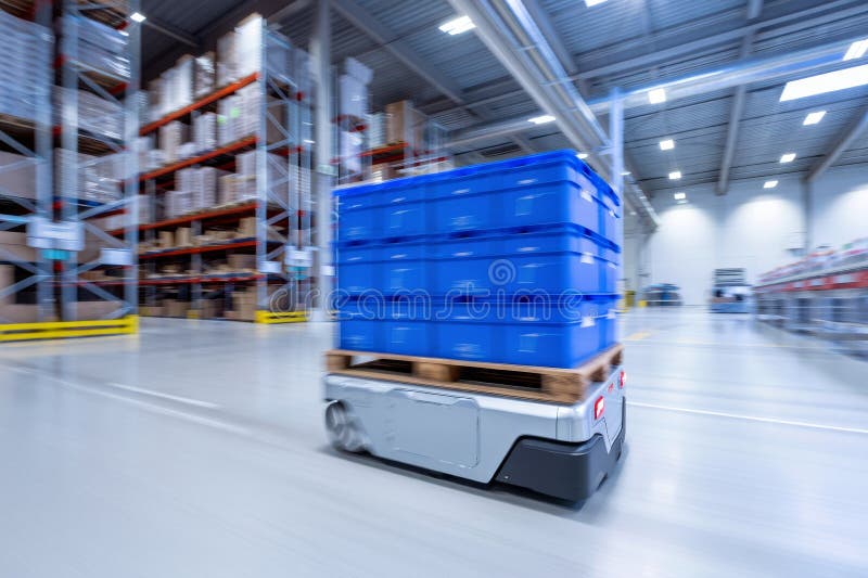 Robot Moving Blue Crates in Warehouse, Generative Ai Stock Illustration ...