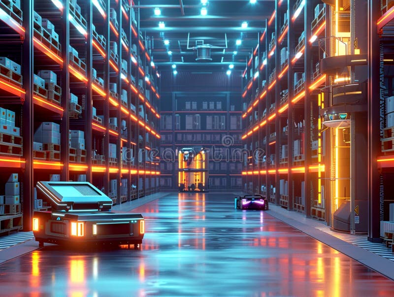 Automated Warehouse Robots in a Futuristic Setting Stock Illustration ... Automated Warehouse Robots in a Futuristic Setting Stock Illustration ...