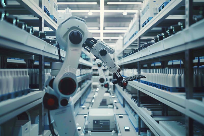 Automated Warehouse Scene Where Multiple Robotic Arms are Efficiently ...