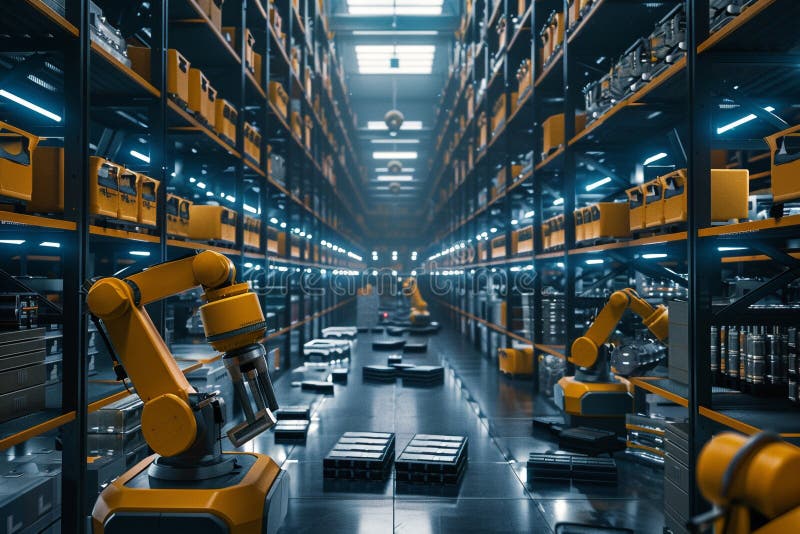 Automated Warehouse Scene Where Multiple Robotic Arms are Efficiently ...
