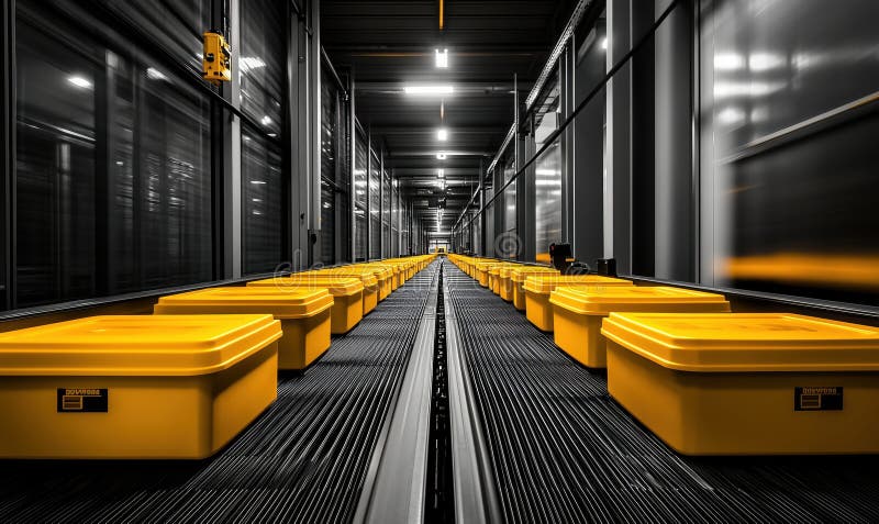 Automated Warehouse Storage System with Yellow Containers on Conveyor ...