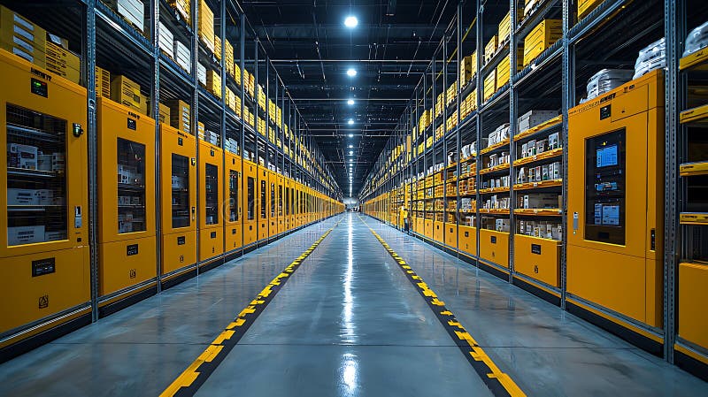 Automated Warehouse with Yellow Storage Units and Organized Aisles ...