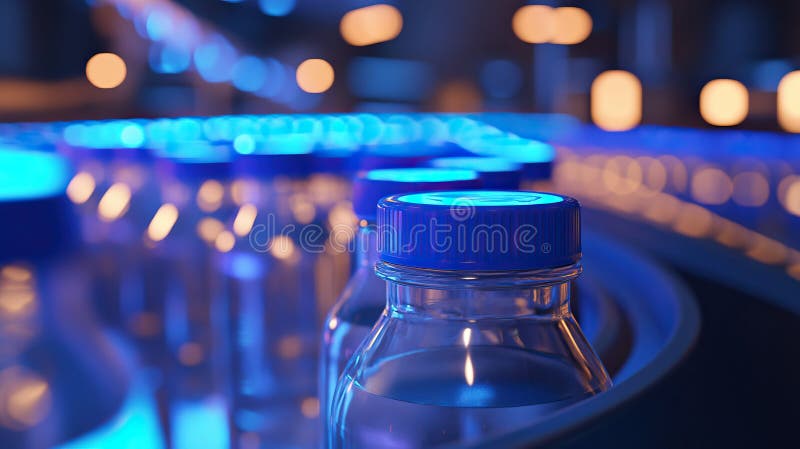 Automated Water Bottle Production Line with Blue Lighting Stock Image ...