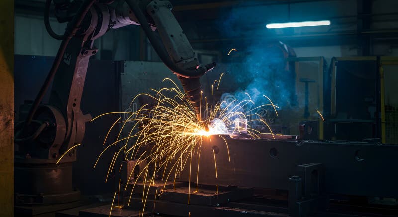 Automated Welding Robot Sparks Fly in Industrial Precision Process ...