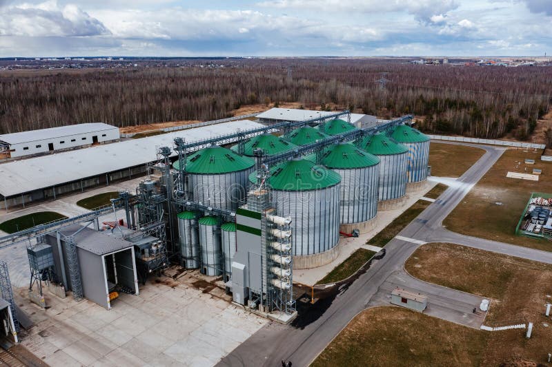 Automatic Agricultural Grain Dryer and Silos, Aerial View. Modern ...