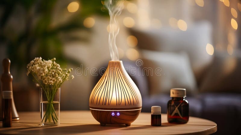 Automatic Aroma Oil Diffuser with Rising Steam Flow on Table in Cozy ...
