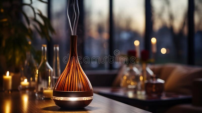 Automatic Aroma Oil Diffuser with Rising Steam Flow on Wooden Table in ...