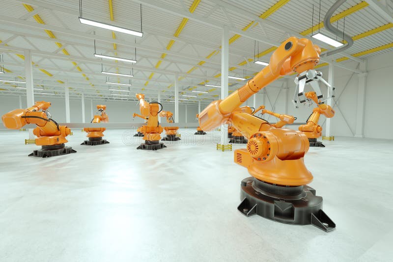 Automatic Assembly Line. Orange Robot Arm Manipulator with Empty ...