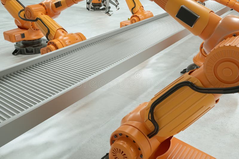 Automatic Assembly Line. Orange Robot Arm Manipulator with Empty ...