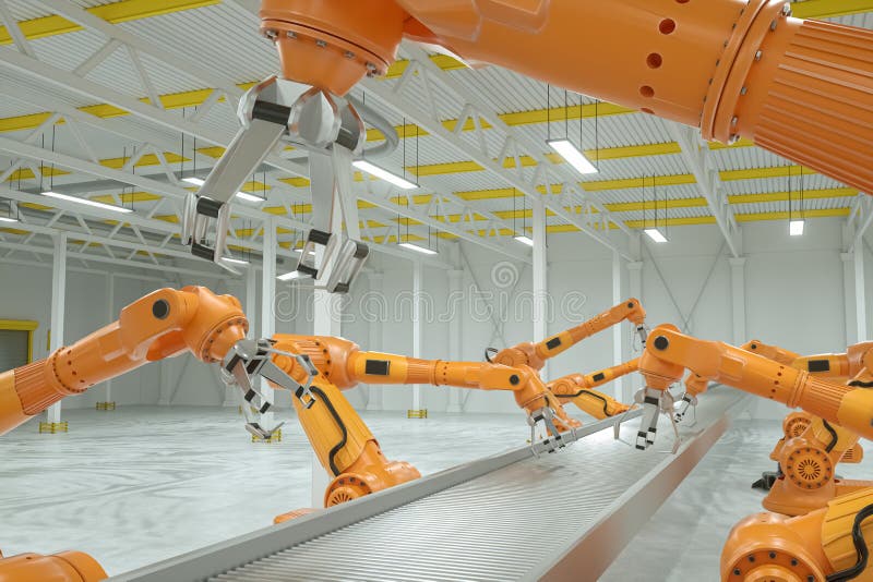 Automatic Assembly Line. Orange Robot Arm Manipulator with Empty ...