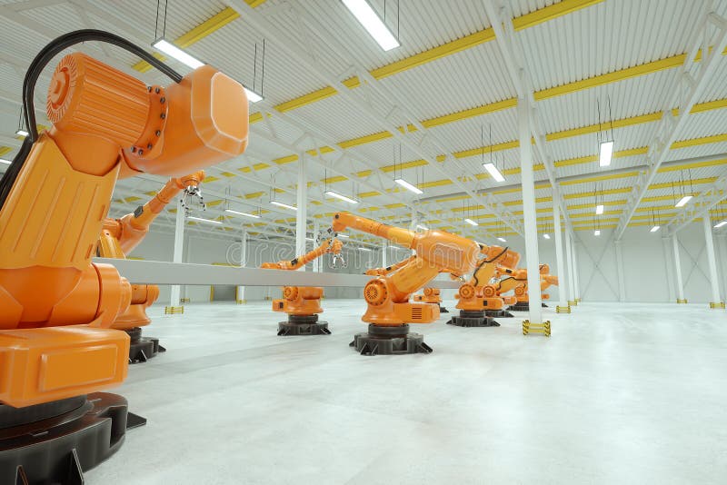 Automatic Assembly Line. Orange Robot Arm Manipulator with Empty ...