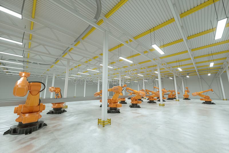 Automatic Assembly Line. Orange Robot Arm Manipulator with Empty ...