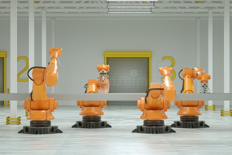 Automatic Assembly Line. Orange Robot Arm Manipulator with Empty ...