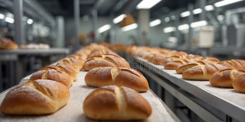 Automatic Bakery Production Line with Bread in Bakery. Stock Image ...