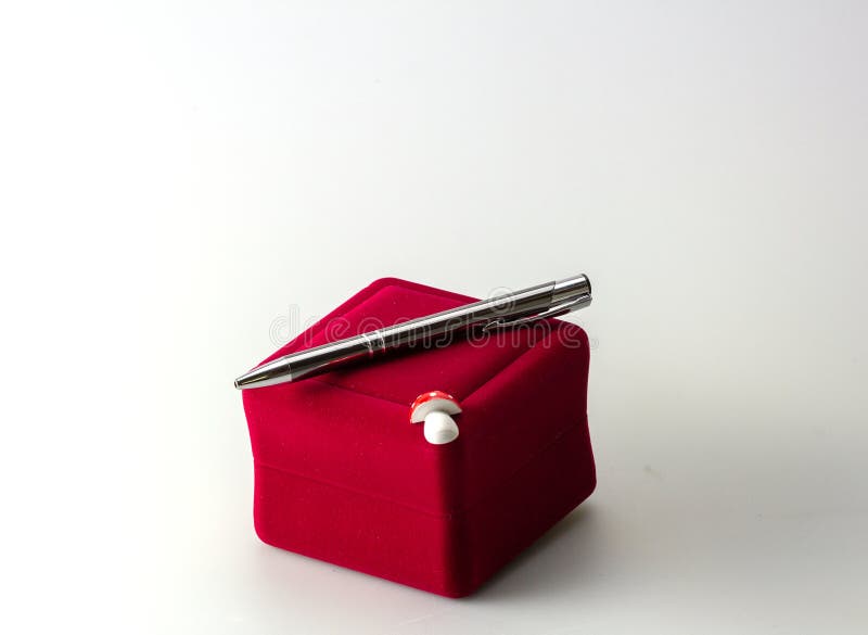 Gift Red Box with a Metal Ballpoint Pen, on a White Milky Background ...