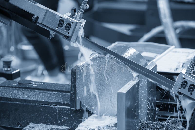 The Automatic Band Saw Machine Cutting the Square Tubes with Water Base ...