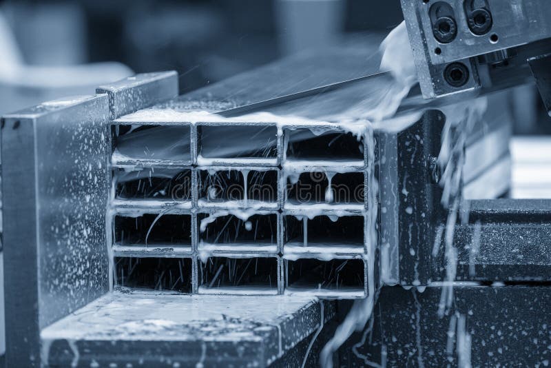 The Automatic Band Saw Machine Cutting the Square Tubes with Water Base ...