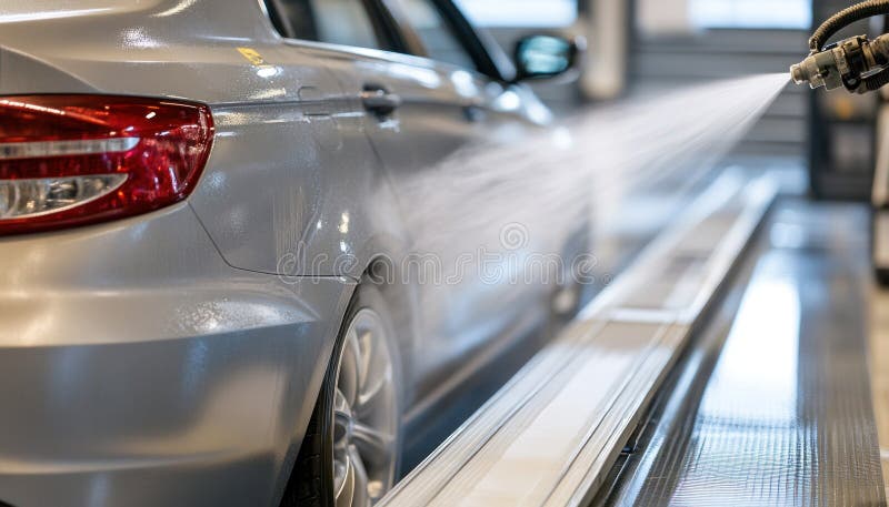 Automatic Car Wash System Cleaning Silver Car with Water Spray Stock ...