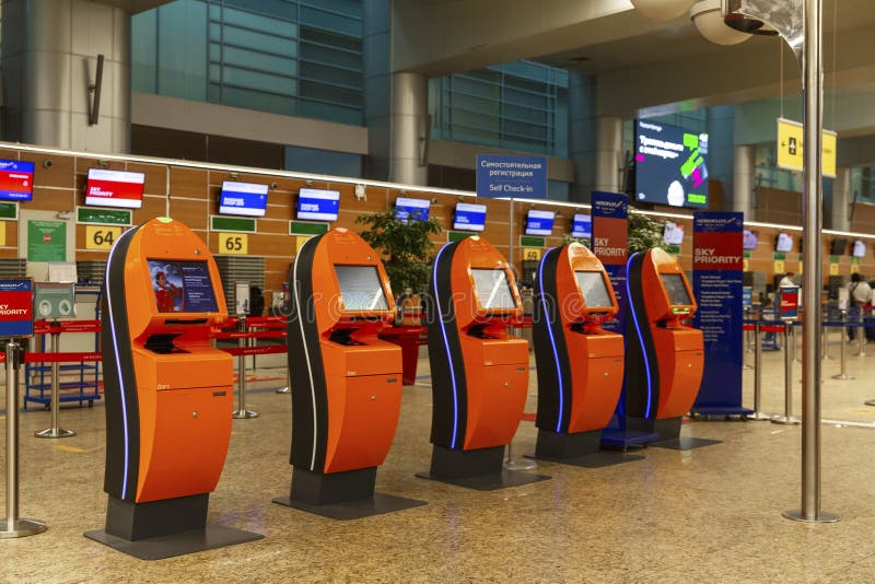 Automatic Check-in Counters at the Airport. Moscow, Russia, 10-28-2021 ...
