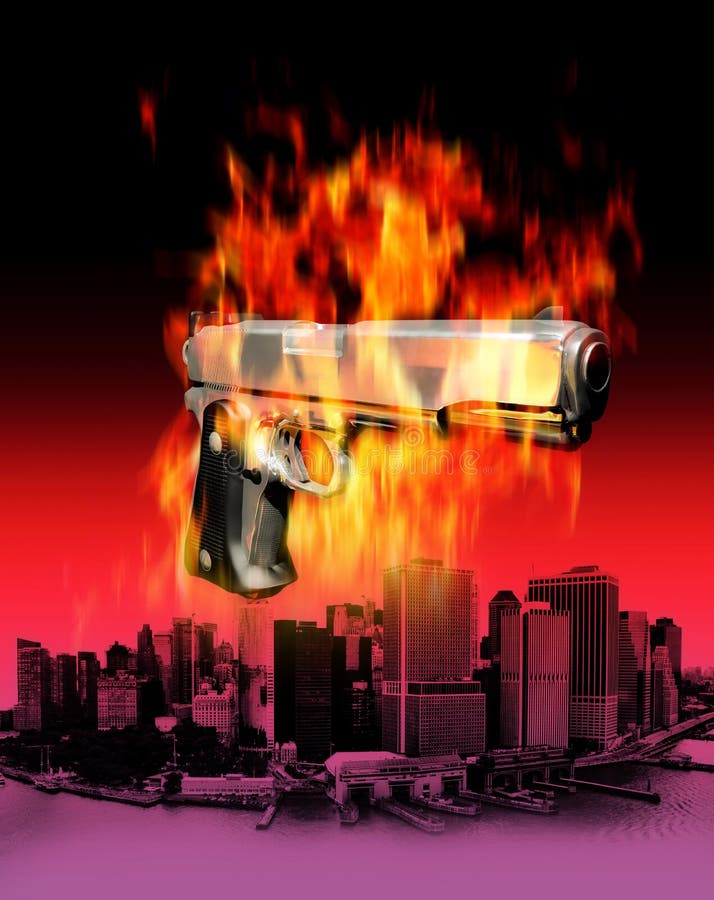 Gun on fire over the city stock illustration. Illustration of glow ...