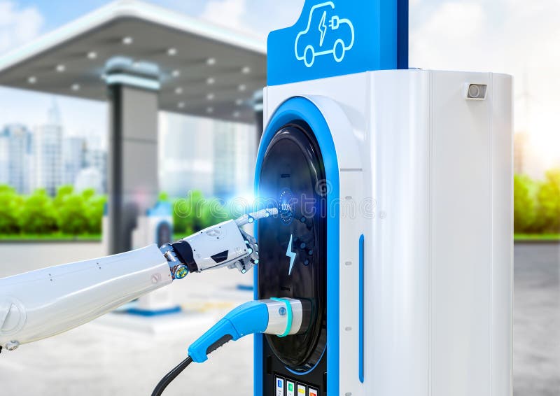 Automatic Electric Recharge Station with Robot Hand Point at Ev Charger ...