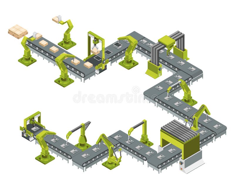 Automatic Factory with Conveyor Line and Robotic Arms. Assembly Process ...