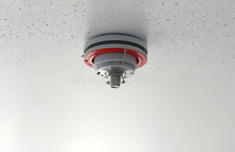 Automatic Fire Extinguishing Sprinkler System Installed on Ceiling. Red Ring, Chrome Details ...