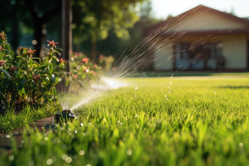 Automatic Garden Lawn Sprinkler in Action Watering Grass. Stock Image ...