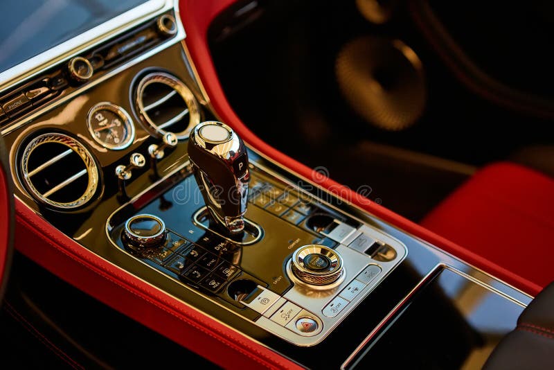 Automatic Gear Shift Handle. Red Luxury Car Interior. Shallow Doff ...