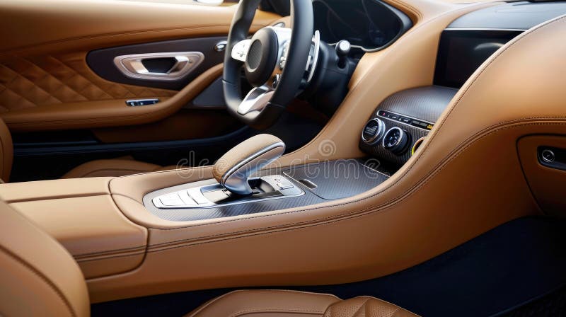 Automatic Gear Stick of a Modern Car. Brown Leather Interior with ...