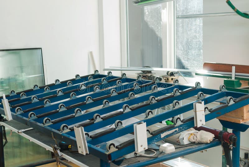 Automatic Glass Cutting Table at PVC Windows Factory Stock Photo ...