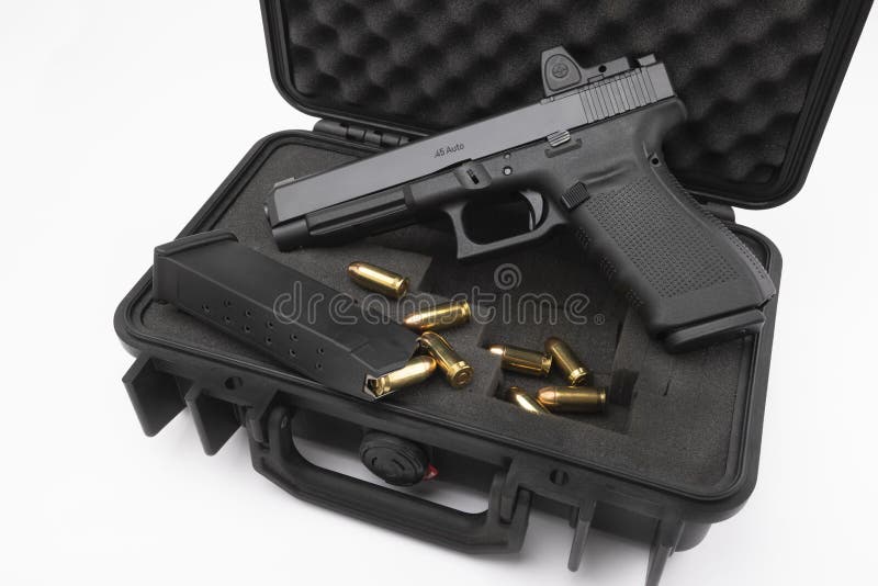 Automatic Gun and Bullets in a Plastic Hard Case on White Background ...