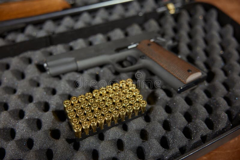 Automatic Handgun with Bullets in Hard Case Closeup Stock Image - Image ...