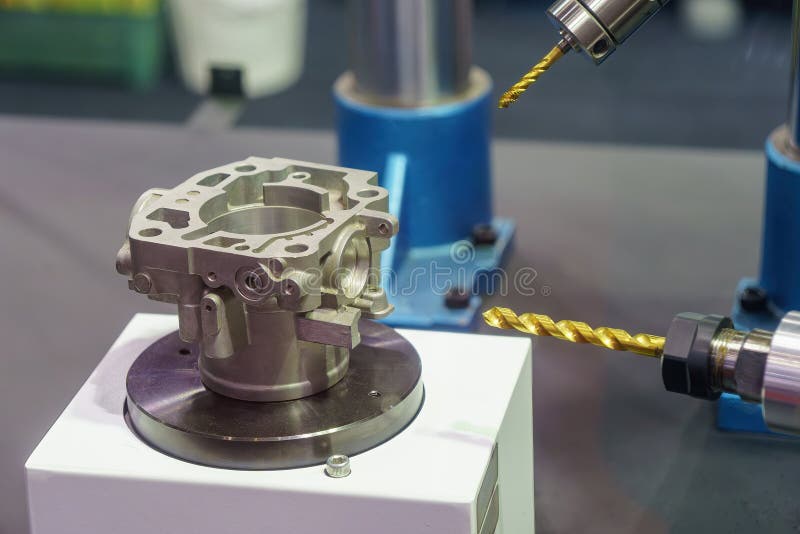 Automatic Hole Drilling Process with Aluminum Casting Parts Stock Photo ...