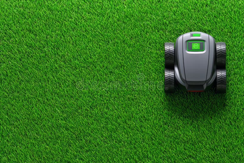 An Automatic Lawn Mower Moves on the Lawn. View from the Side from ...