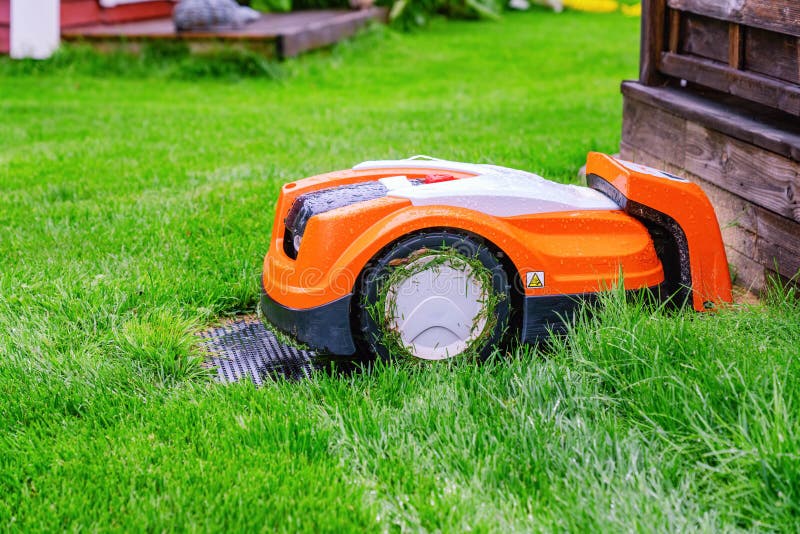 Automatic Lawn Robot Mower Under Rain at Charging Stations on the Grass ...