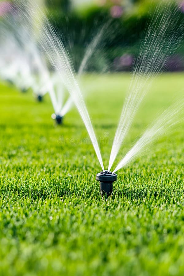 Automatic Lawn Sprinkler System Watering Green Grass in Summer Garden ...