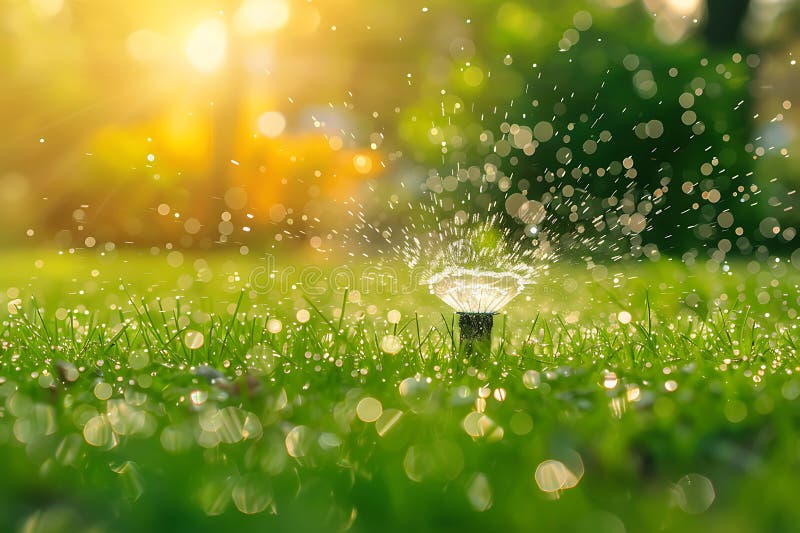 Automatic Lawn Sprinkler Watering on Green Grass. Garden Irrigation ...