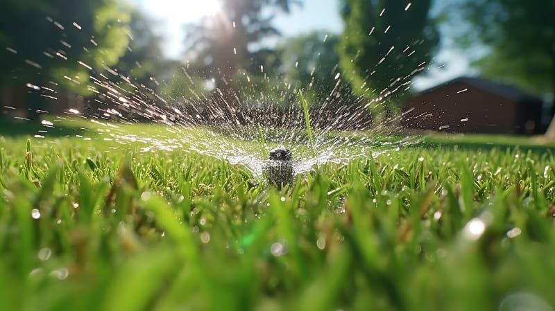 Automatic Lawn Sprinkler Watering Green Grass. Sprinkler with Automatic ...