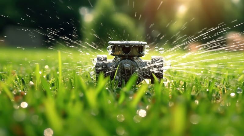 Automatic Lawn Sprinkler Watering Green Grass. Sprinkler with Automatic ...