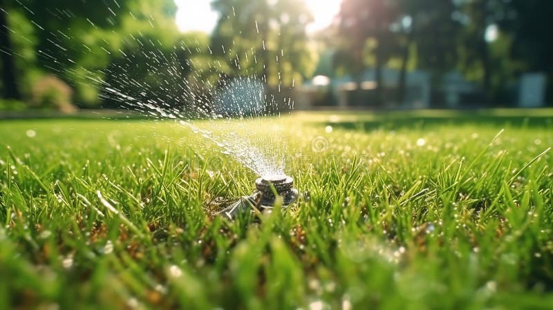 Automatic Lawn Sprinkler Watering Green Grass. Sprinkler with Automatic ...