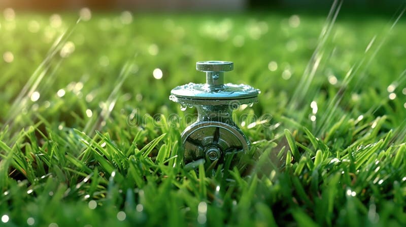 Automatic Lawn Sprinkler Watering Green Grass. Sprinkler with Automatic ...