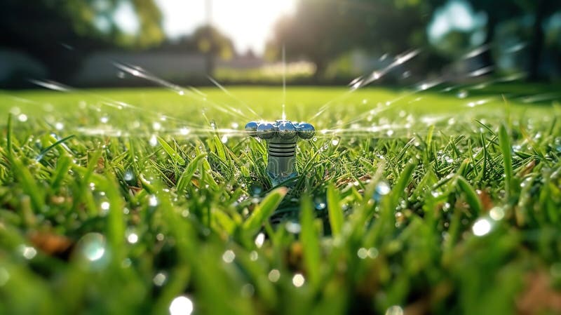 Automatic Lawn Sprinkler Watering Green Grass. Sprinkler with Automatic ...