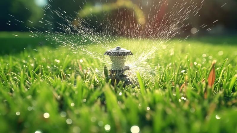 Automatic Lawn Sprinkler Watering Green Grass. Sprinkler with Automatic ...