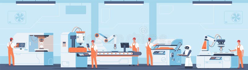 Automatic Lines Employees. Manufacturing Process in Factory Interior ...