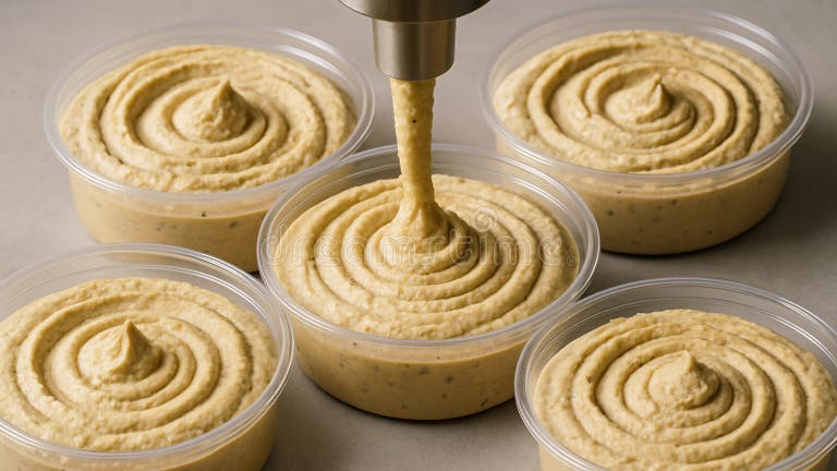 Automatic Machine Filling Plastic Containers with Hummus Spread on a ...