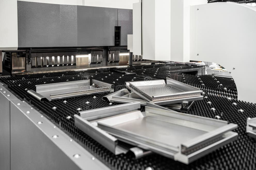 Automatic Metal Sheet Bending Machine at Work in Factory. CNC Panel ...