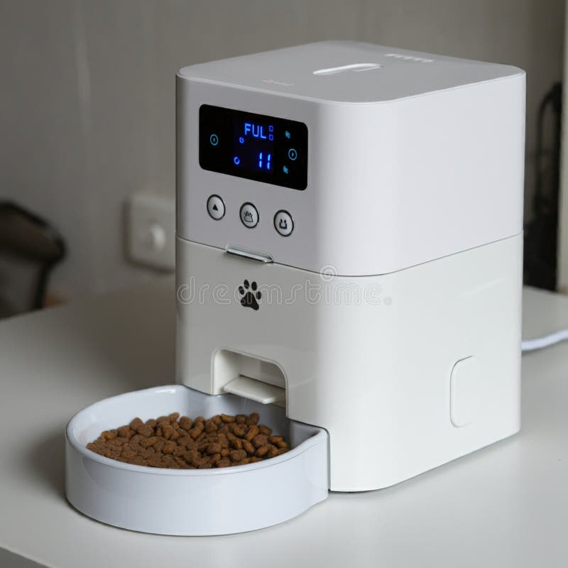 Automatic Pet Feeder in White Plastic with a Digital Display Showing ...