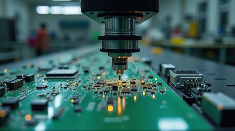 High-tech Machine Assembling Components on a Moving Circuit Board Stock Illustration ...