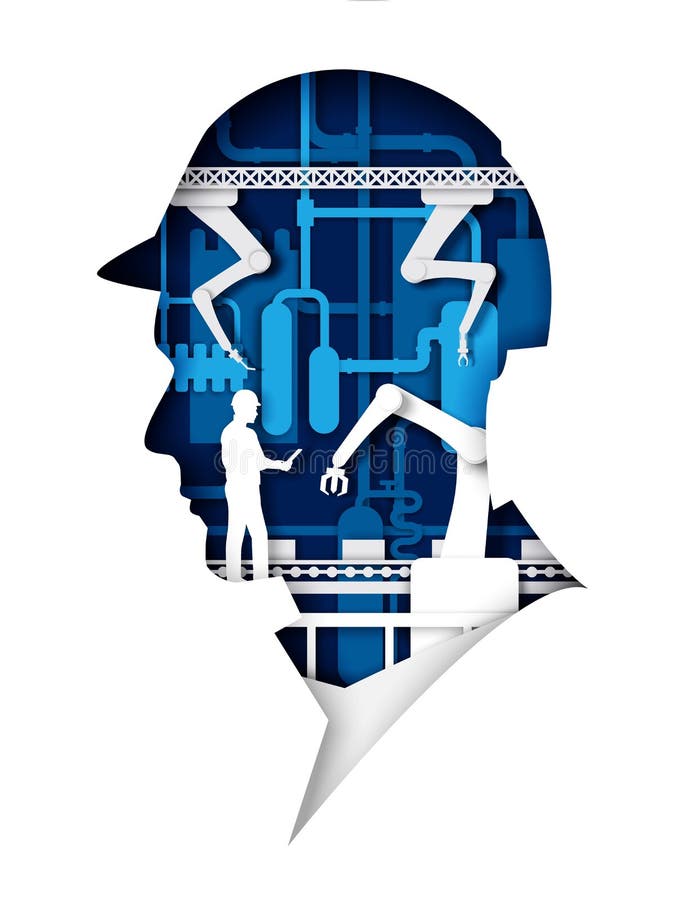 Paper Cut Worker Head Silhouette with Conveyor Belt, Robot Arms, Line ...